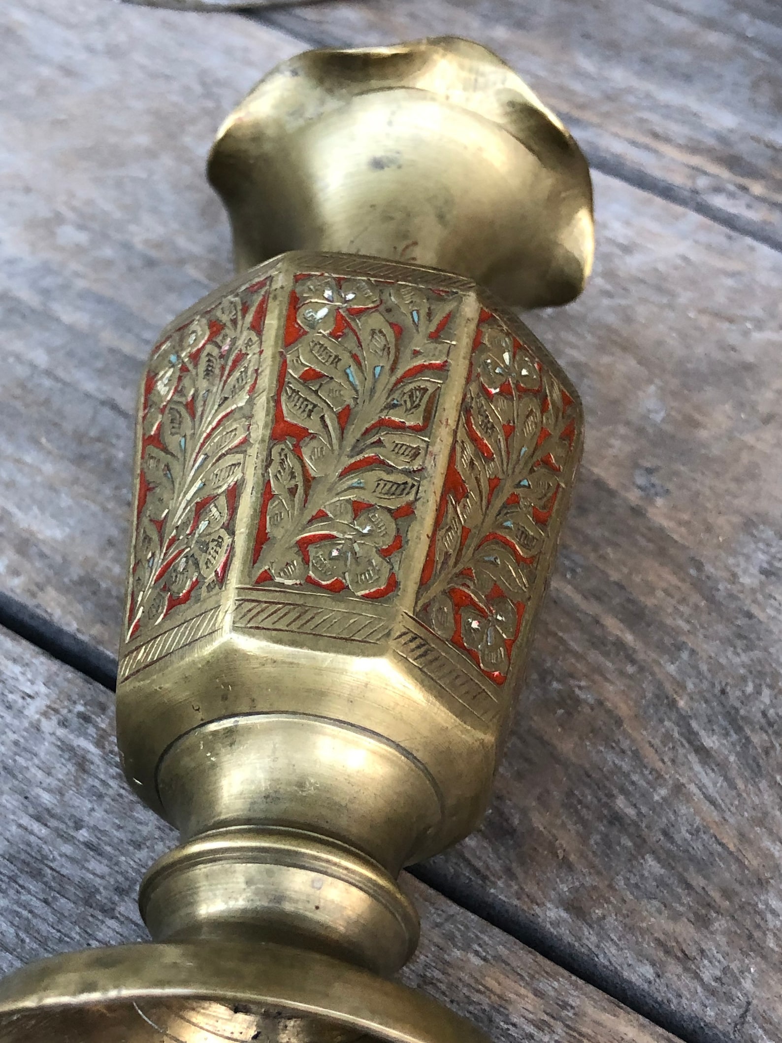 Vintage Indian Brass Vase / Flower Vase - Etched - Painted Red - Boho ...