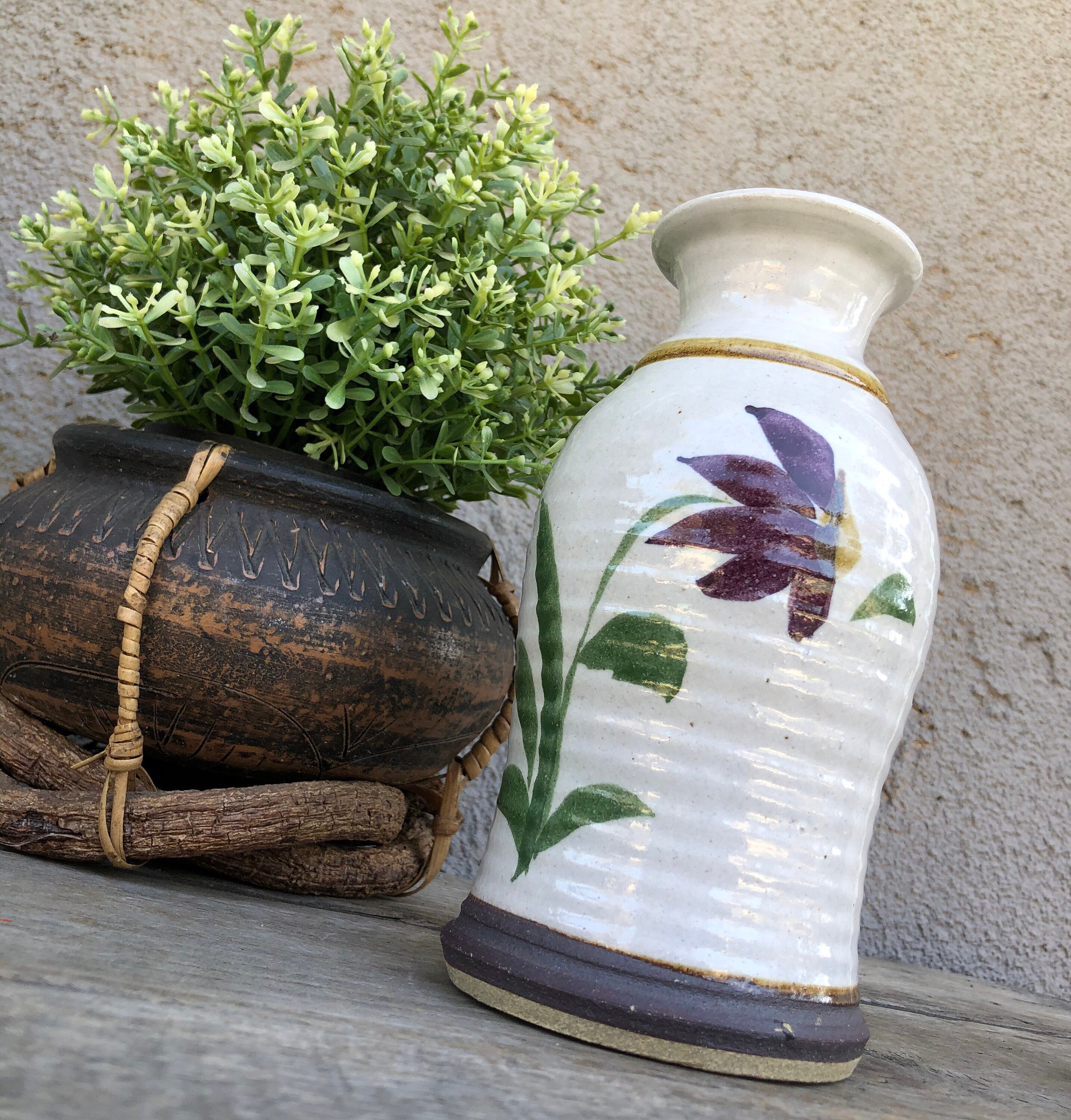 Vintage Stoneware Pottery Vase off White/brown With Hand | Etsy