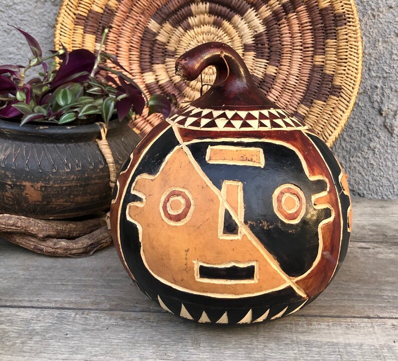 Hand Carved and Painted Ethnic 7.75T Gourd-Faces/Masks-Beige | Etsy