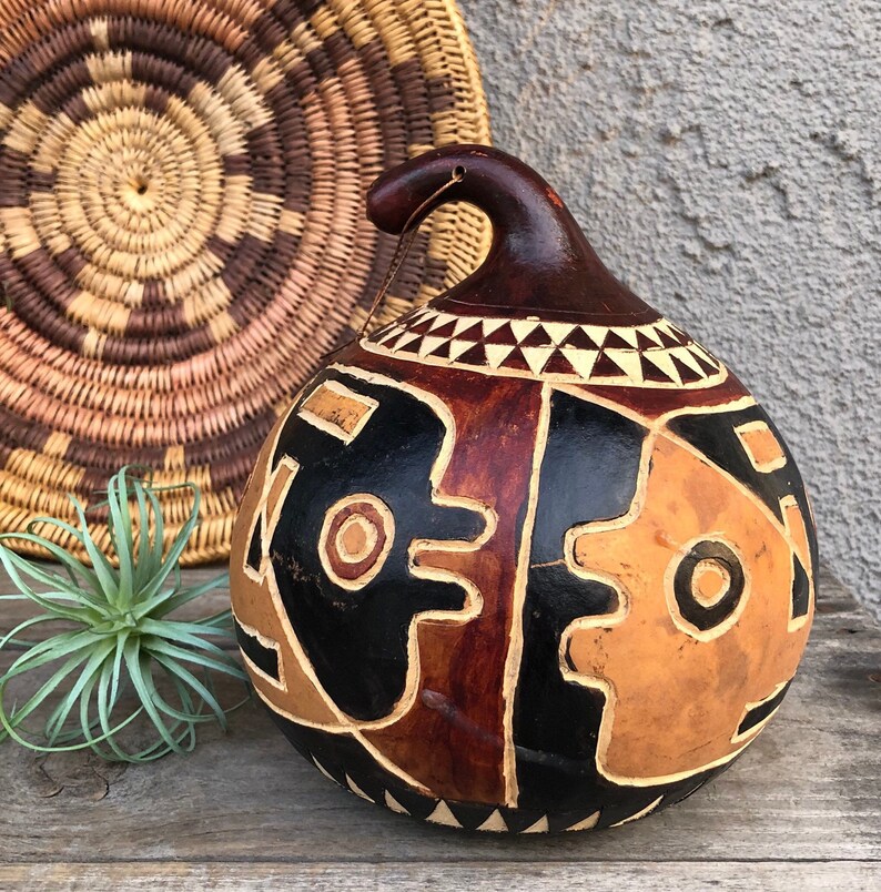 Hand Carved and Painted Ethnic 7.75T Gourd-Faces/Masks-Beige | Etsy