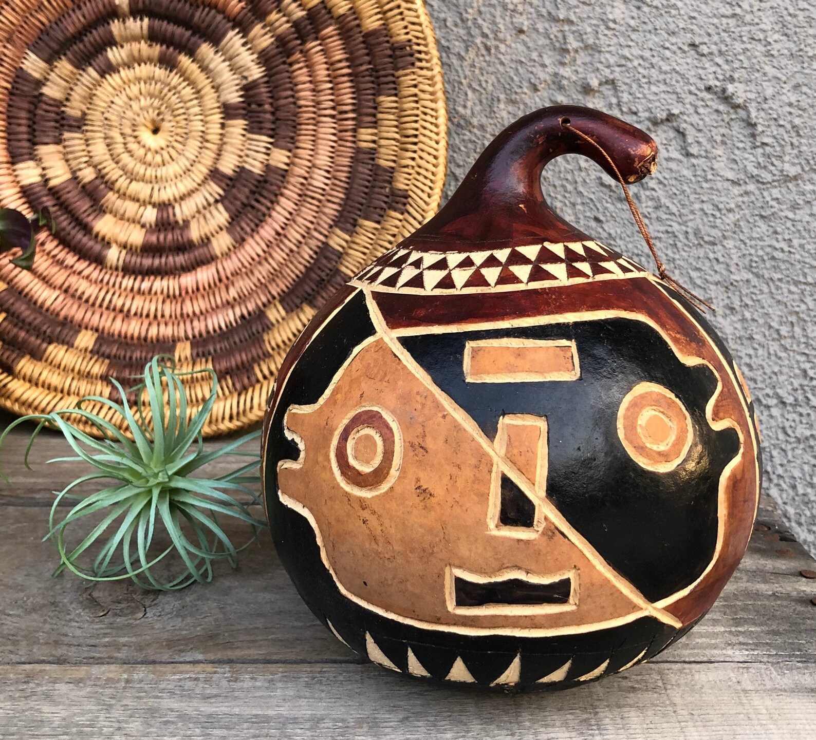 Hand Carved and Painted Ethnic 7.75T Gourd-Faces/Masks-Beige | Etsy