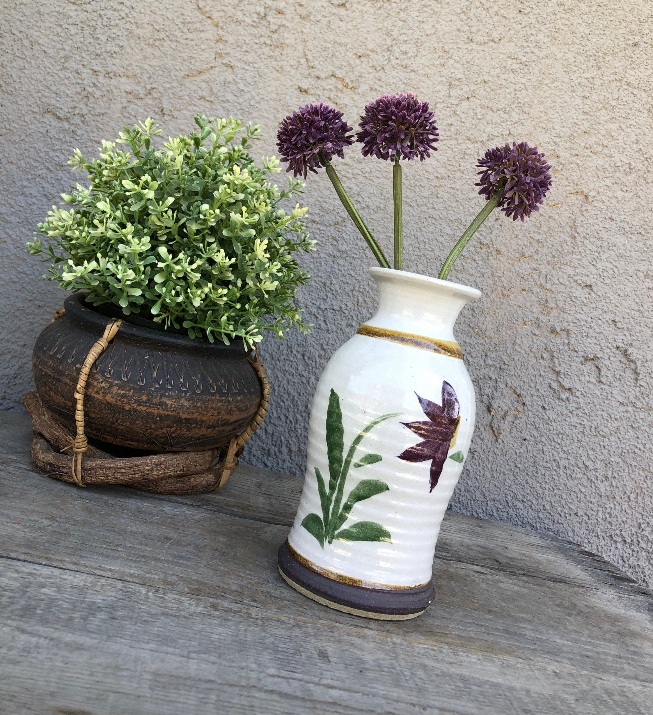 Vintage Stoneware Pottery Vase off White/brown With Hand | Etsy