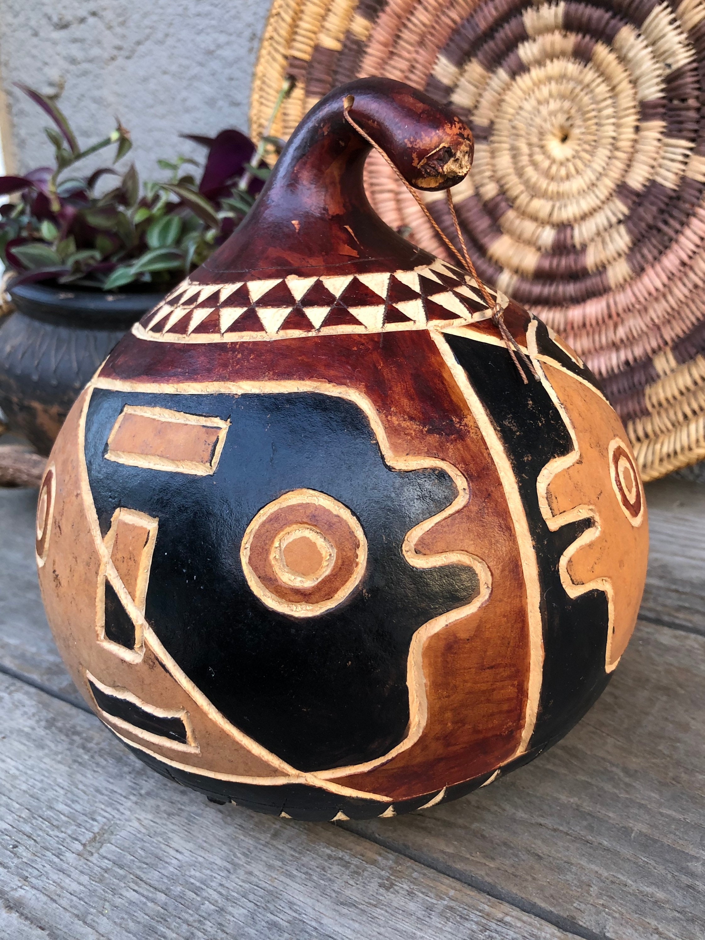 Hand Carved and Painted Ethnic 7.75T Gourd-Faces/Masks-Beige | Etsy