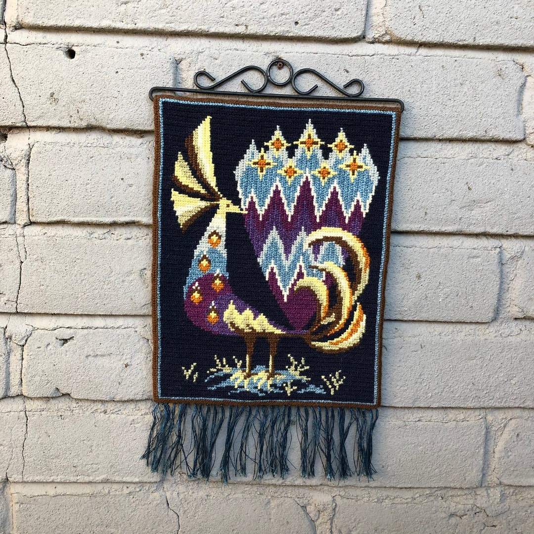 Vintage Embroidered Peacock Tapestry / Wall Hanging - Twist Stitch ...