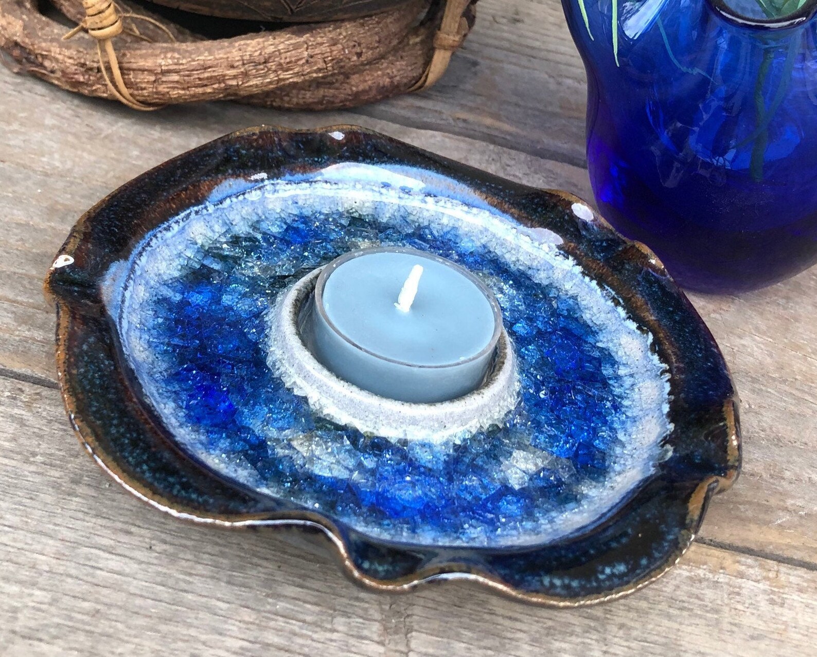 Vintage Glass Infused Stoneware Pottery Candle Holder - Ceramic ...
