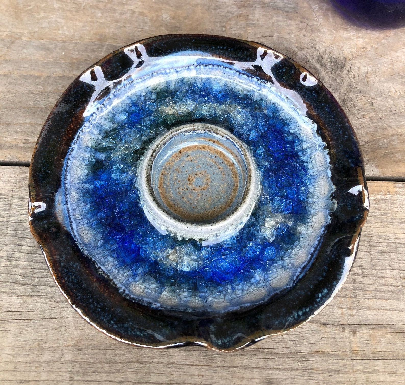 Vintage Glass Infused Stoneware Pottery Candle Holder - Ceramic ...