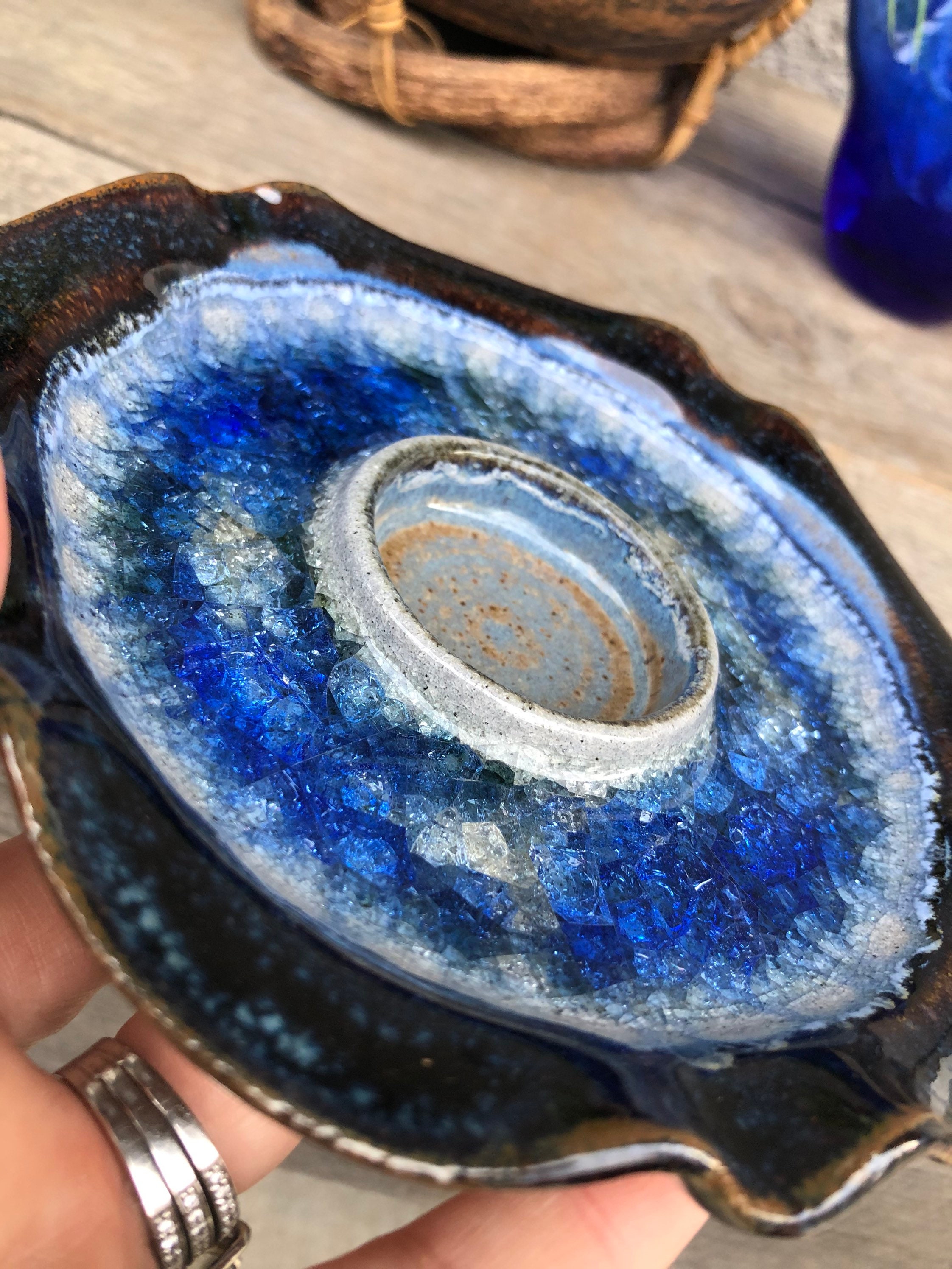 Vintage Glass Infused Stoneware Pottery Candle Holder - Ceramic ...