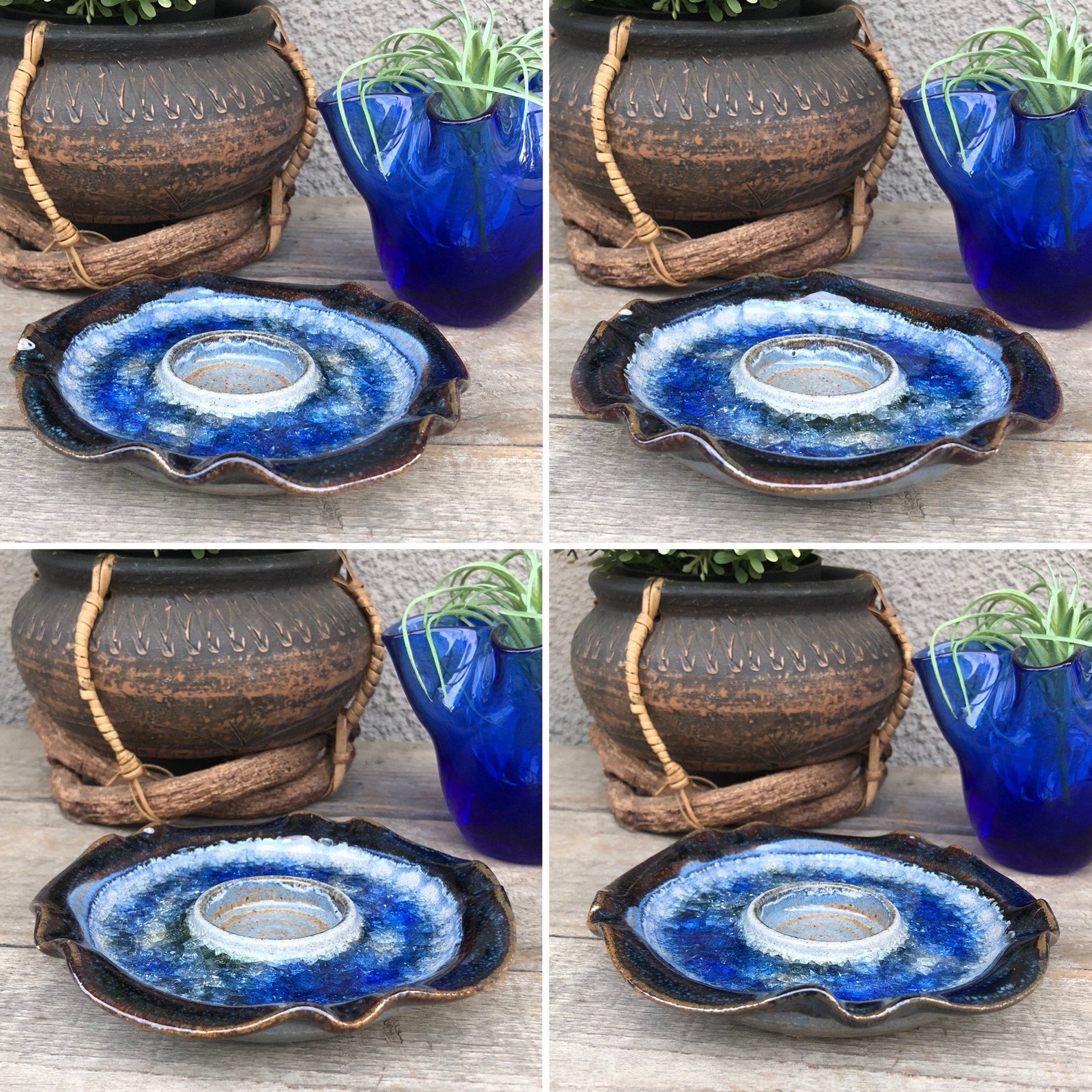 Vintage Glass Infused Stoneware Pottery Candle Holder - Ceramic ...