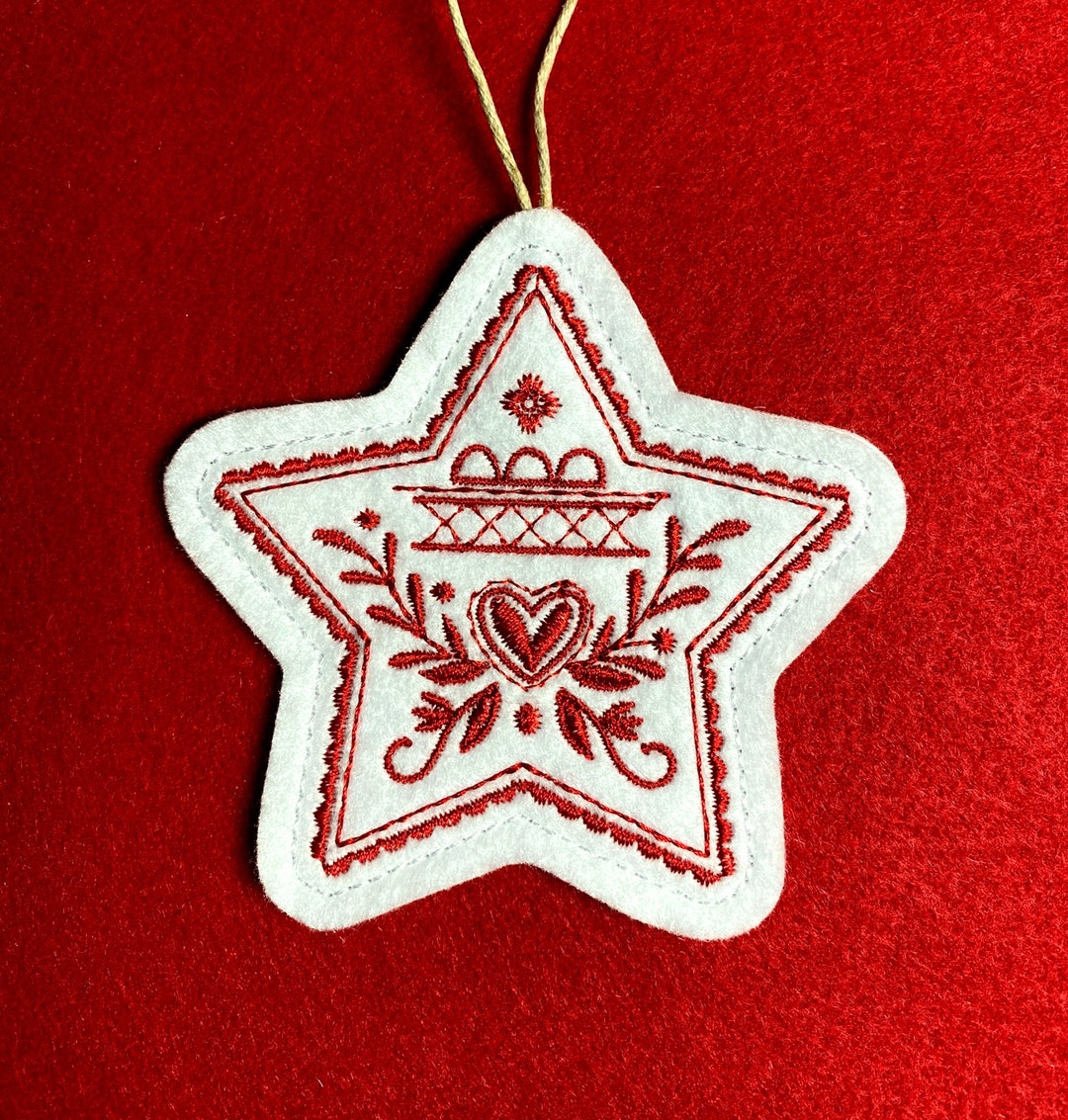 Scandinavian Style Folk Art Star Ornament Embroidered on White Felt ...