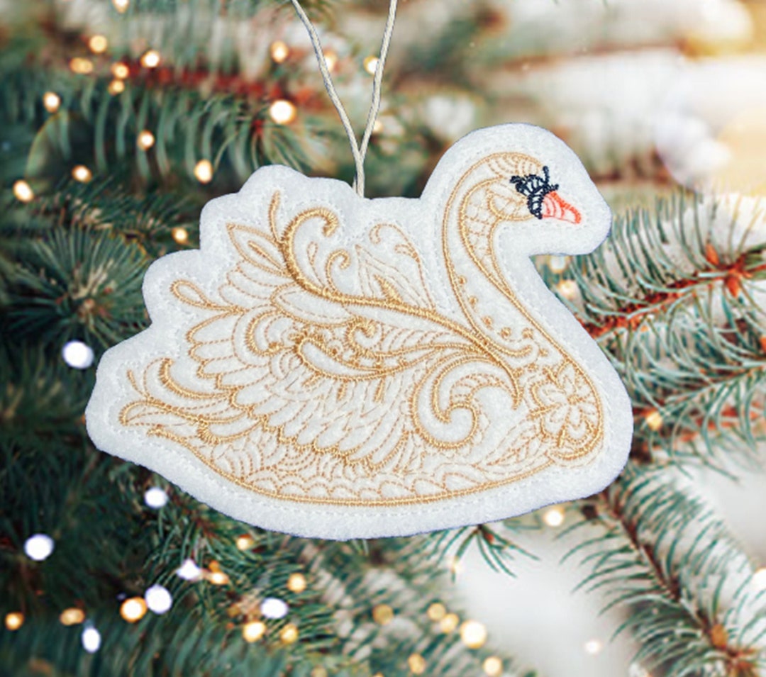 Swan Christmas Ornament Embroidered on White Felt With Gold Thread ...