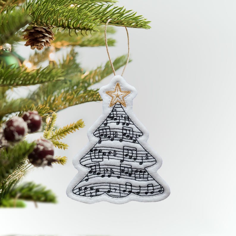 White Sheet Music Christmas Tree Ornament. Embroidered Felt Ornament ...