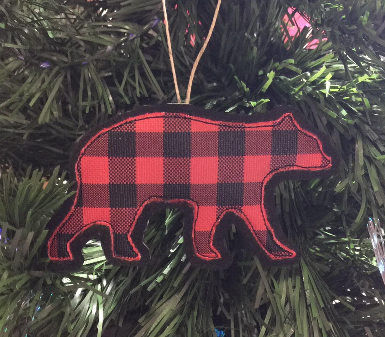 Black and Red Buffalo Plaid Bear Applique Ornament. Embroidered Felt ...