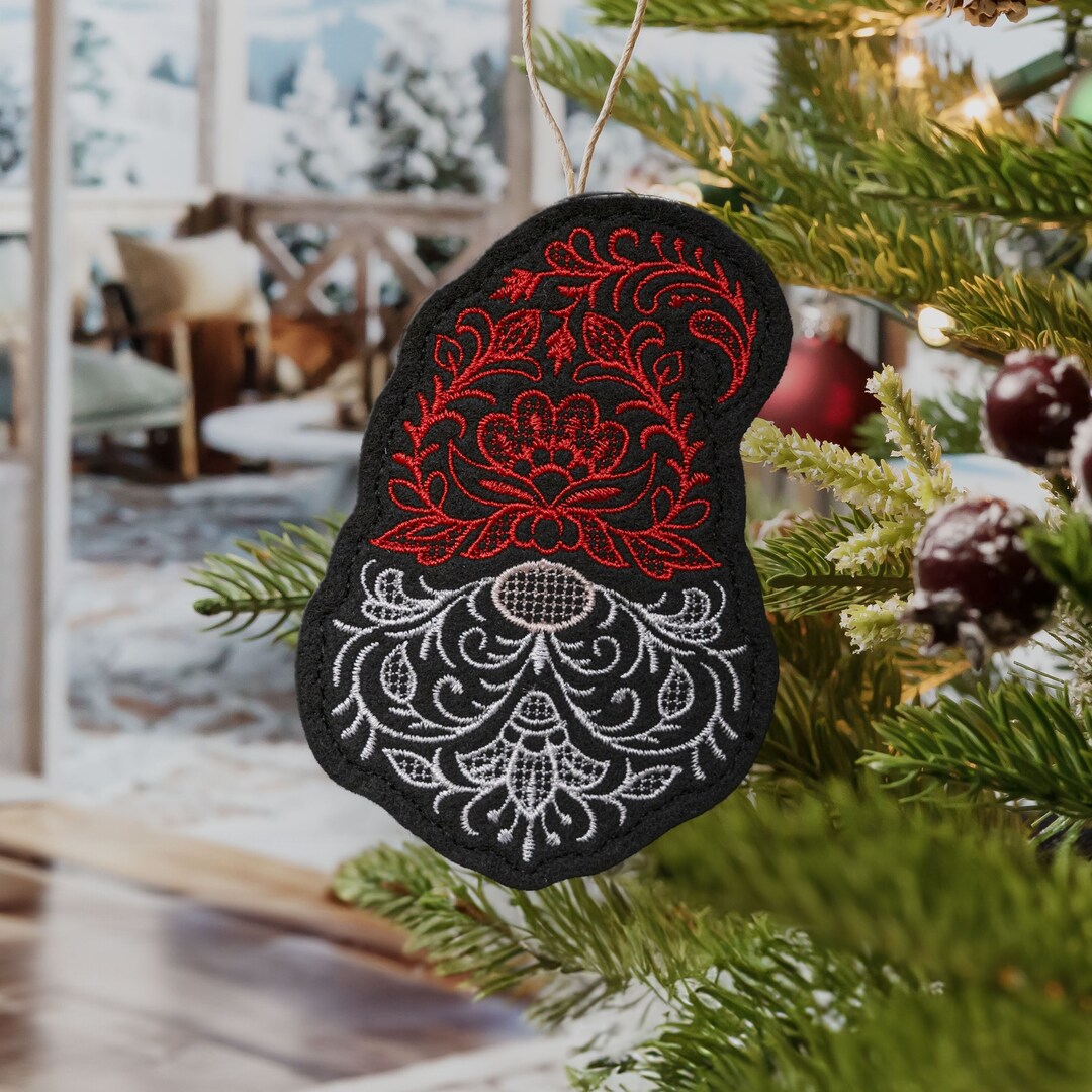 Fancy Gnome Christmas Ornament Embroidered on Black Felt With a Red Hat ...
