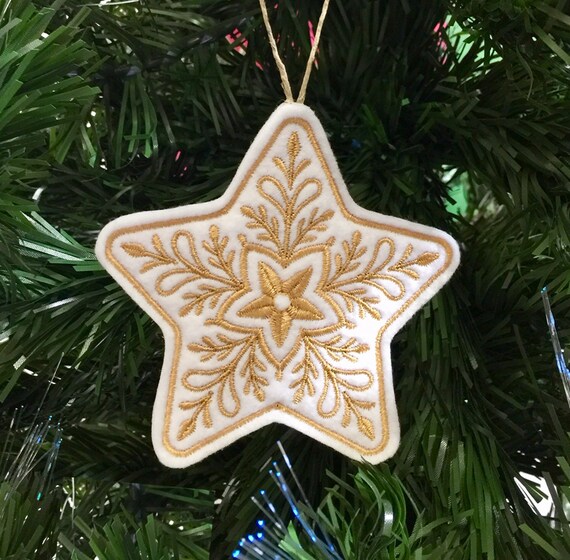 Christmas Star Ornament Embroidered on White Felt With Gold | Etsy
