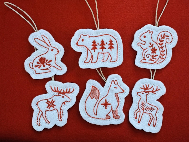Mini Scandinavian Animal Ornament Set – Redwork Embroidered Felt Forest ...