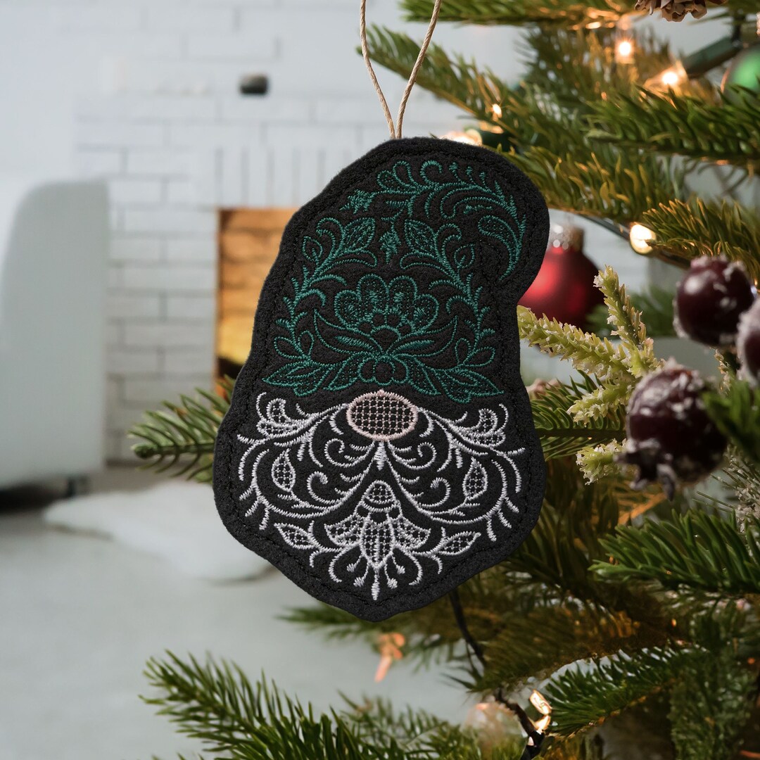 Fancy Gnome Christmas Ornament Embroidered on Black Felt With Dark ...