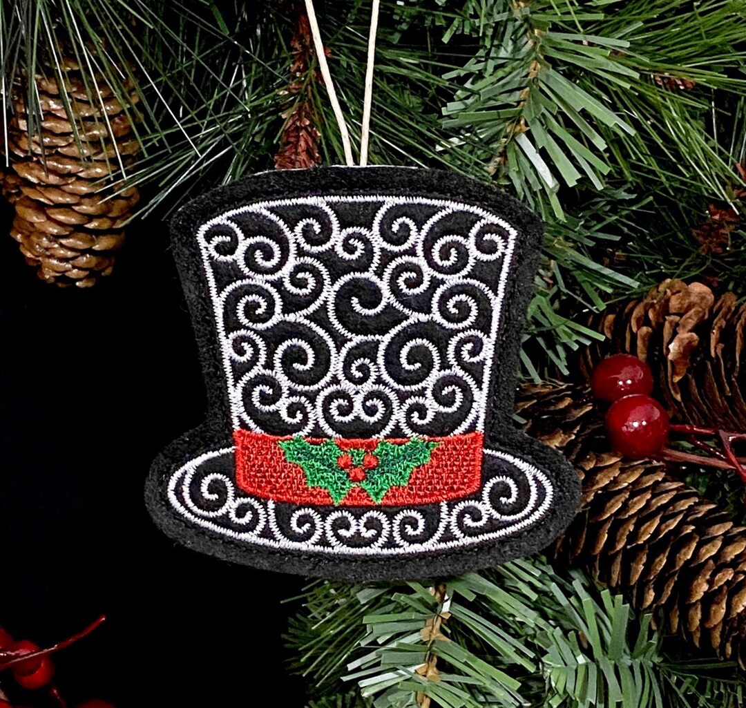 Snowman Hat Christmas Ornament Embroidered on Black Felt With White ...