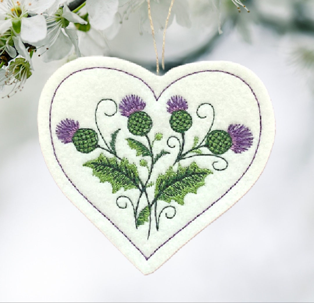 Scottish Thistle in a Heart Shaped Ornament Embroidered on White Felt ...