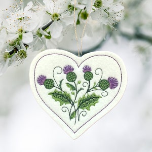 Scottish Thistle in a Heart Shaped Ornament Embroidered on White Felt ...