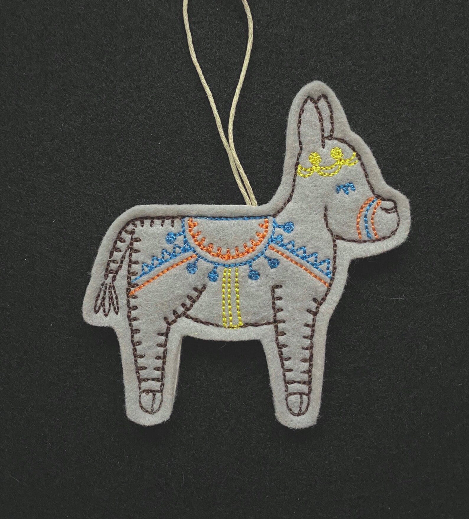 Southwest Donkey Ornament Embroidered on Gray Felt With Colorful ...
