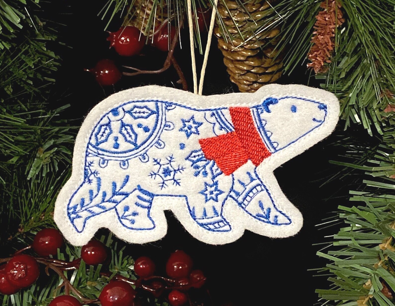 Winter Polar Bear Ornament Embroidered on White Felt With Blue - Etsy