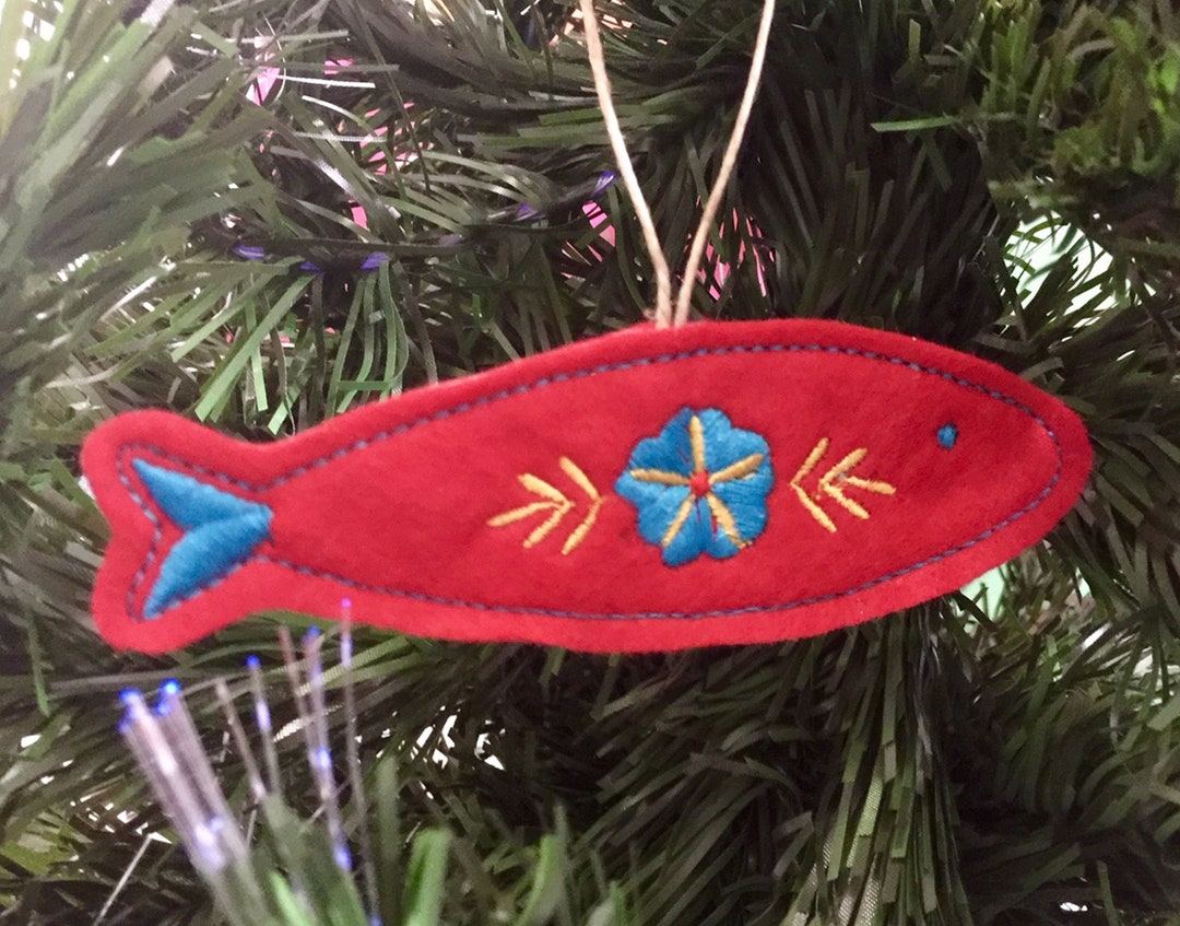 Swedish Fish Christmas Ornament Embroidered on Red Felt With Aquamarine ...