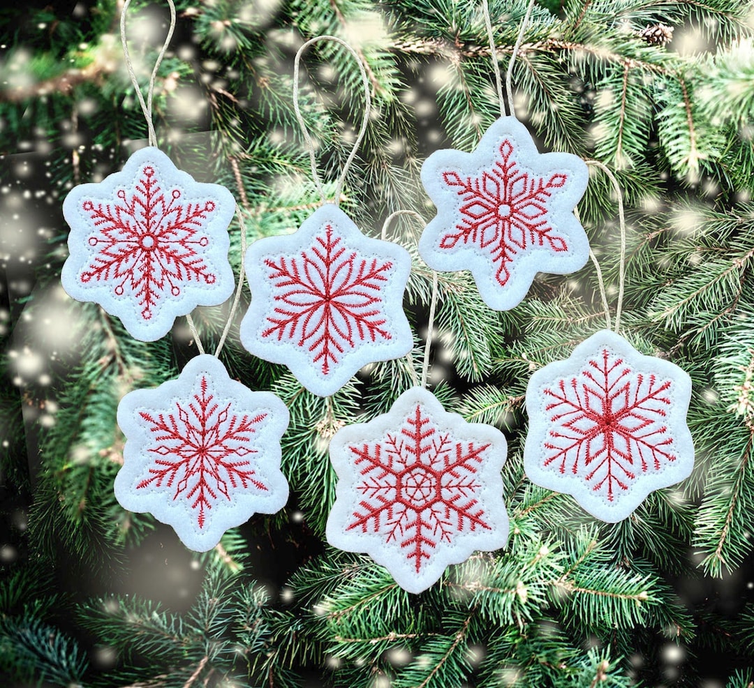Mini Snowflake Ornaments Embroidered on White Felt With Red Thread ...