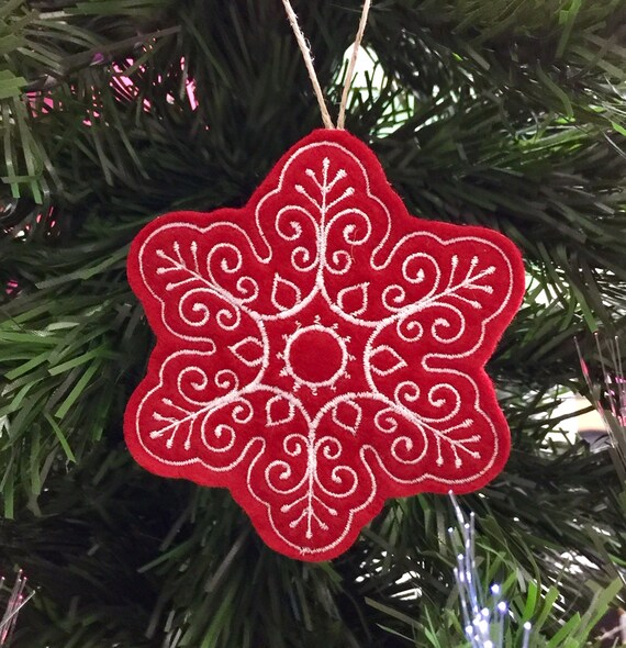 Red and White Snowflake Ornament Embroidered on Felt. | Etsy