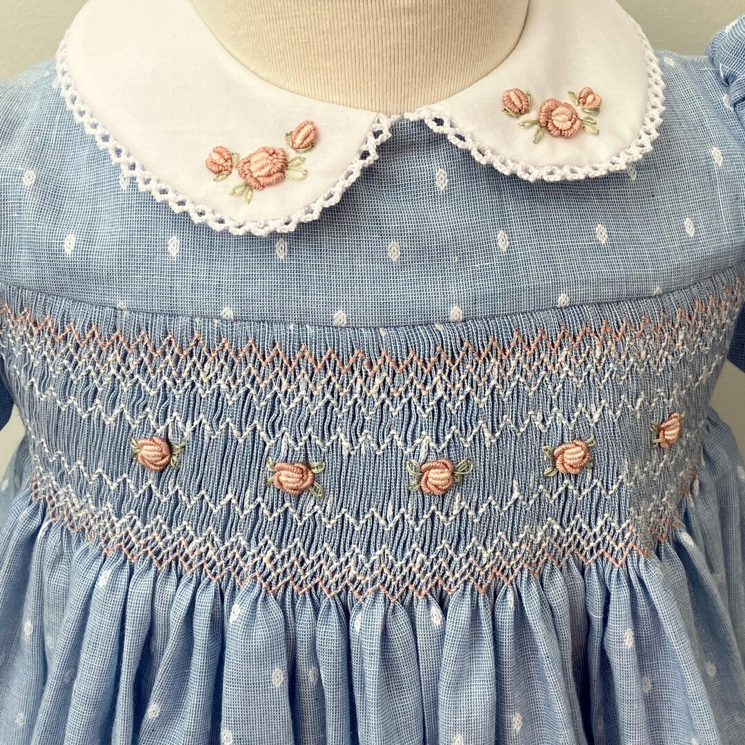 Size 1, Hand Smocked Dress Soft Blue With White Spot Cotton Fabric ...