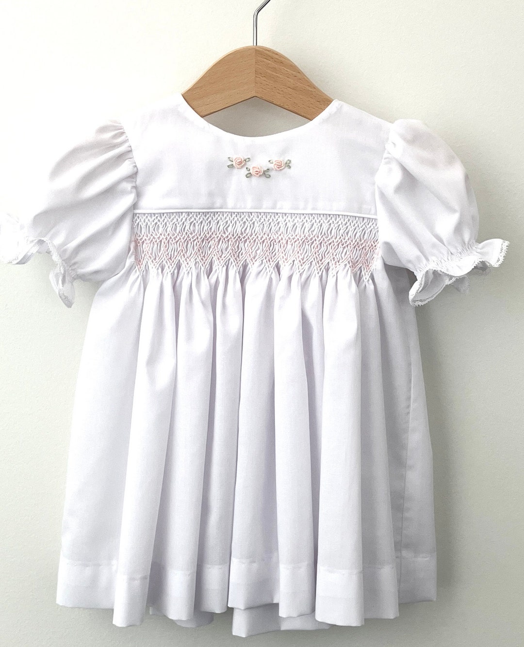 Baby Size 000, Hand Smocked Baby Dress (0-3 Months) - White With Pink ...