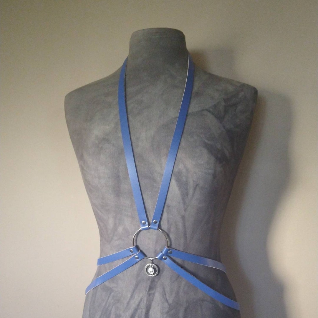 Ready to Ship, Recycled Blue Leather Fashion Harness With O Ring and ...
