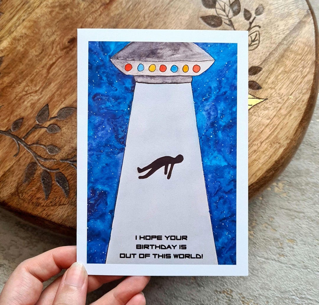 Alien Birthday Card, UFO Abduction, Sci Fi Watercolour, Spaceship ...