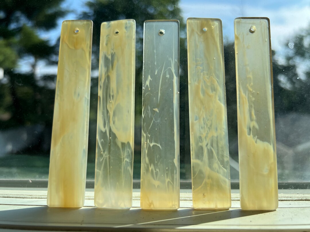 SET of FIVE 5 Yellow Wispy Tumbled Stained Glass Strip With Drilled ...