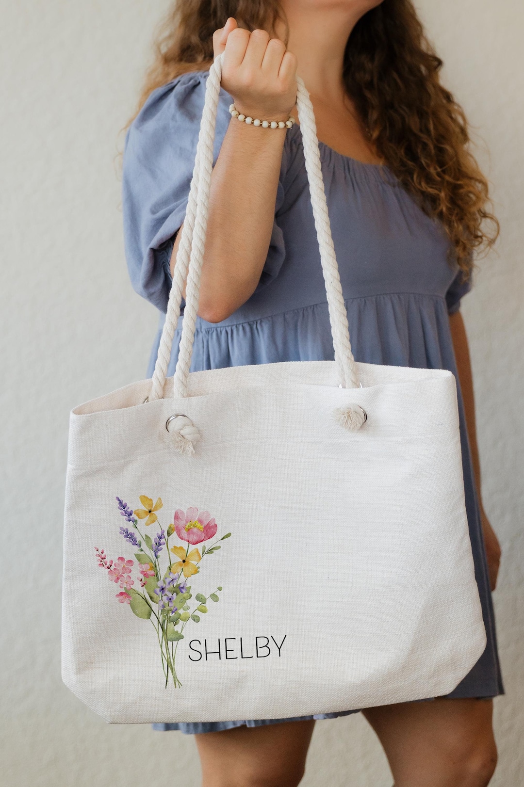 Personalized Large Tote Bag With Rope Handle, Custom Wildflower ...
