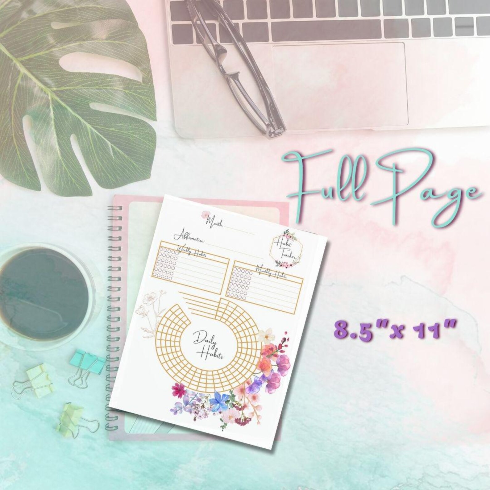 Habit Tracker With Affirmation Full and Planner Size / Floral Monthly ...