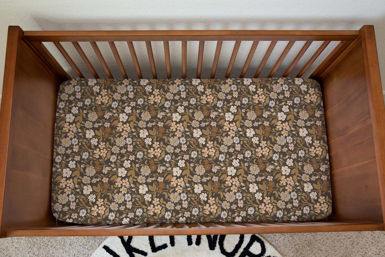 Boho Floral Crib Sheet for Fall- Thicket Design in Dark Gray - Standard ...