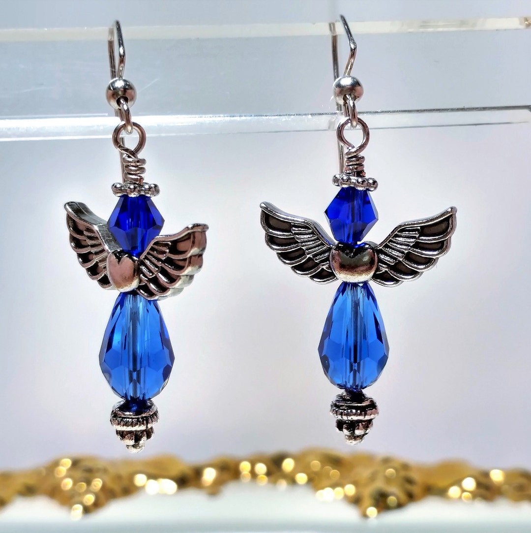 Silver & Royal Blue Angel Wings Earrings, Guardian Angel Celestial Gift ...