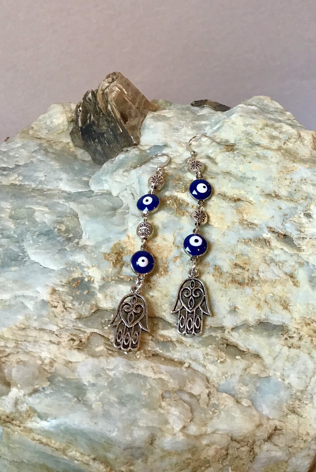 Silver & Blue Evil Eye and Hand of God Earrings, Ethnic Charms ...