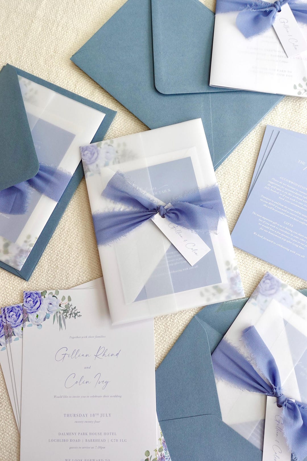 Dusty Blue Floral Wedding Invite With Details Card, Vellum Wrap, Ribbon ...