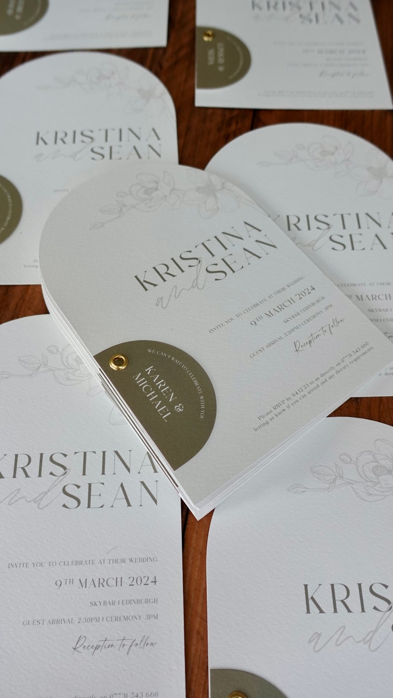 Printed Arched Wedding Invite Cards, With Personalised Name Tag in Sage ...