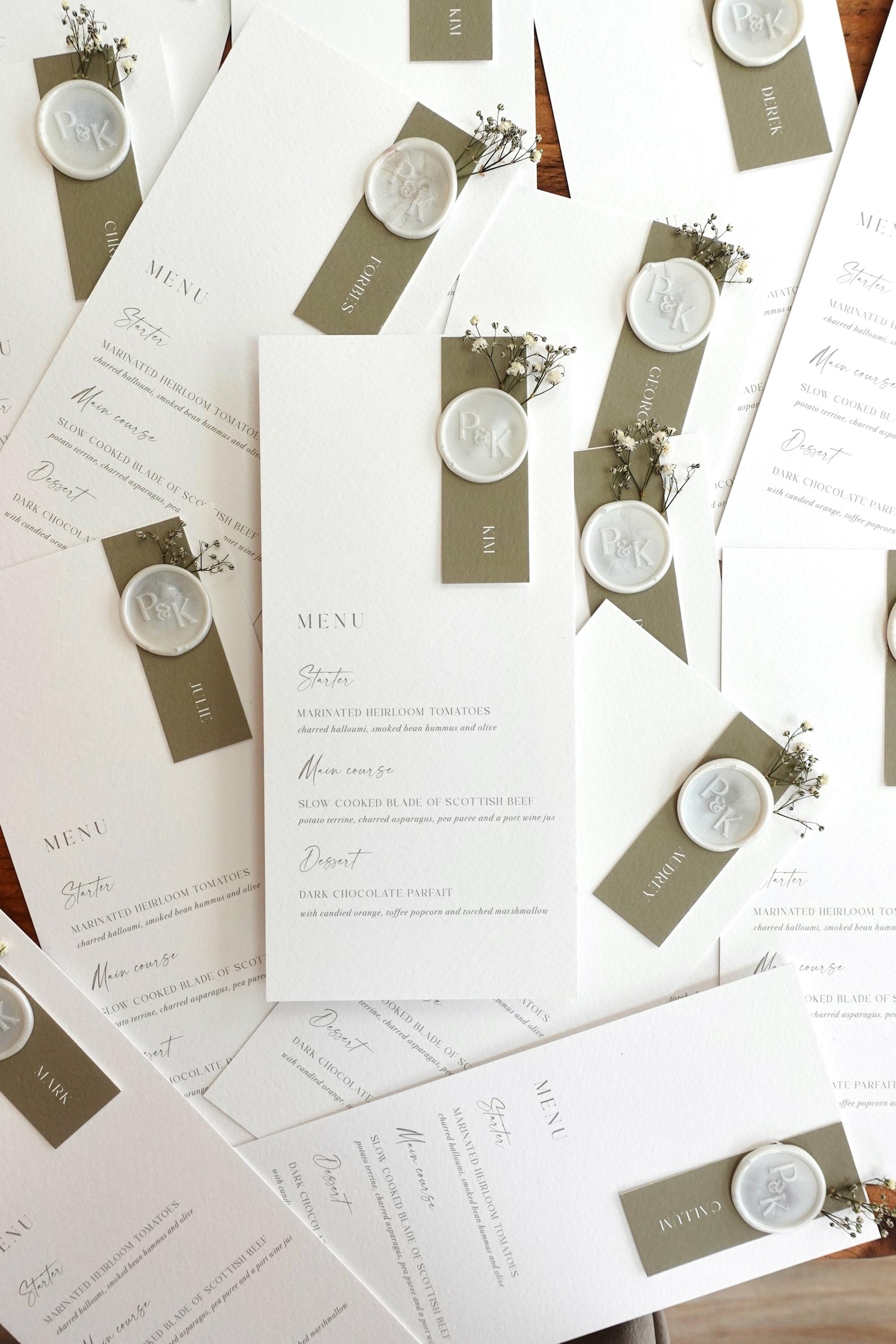 Wedding Menu and Name Cards in Sage Green With Foliage and Wax Seal ...