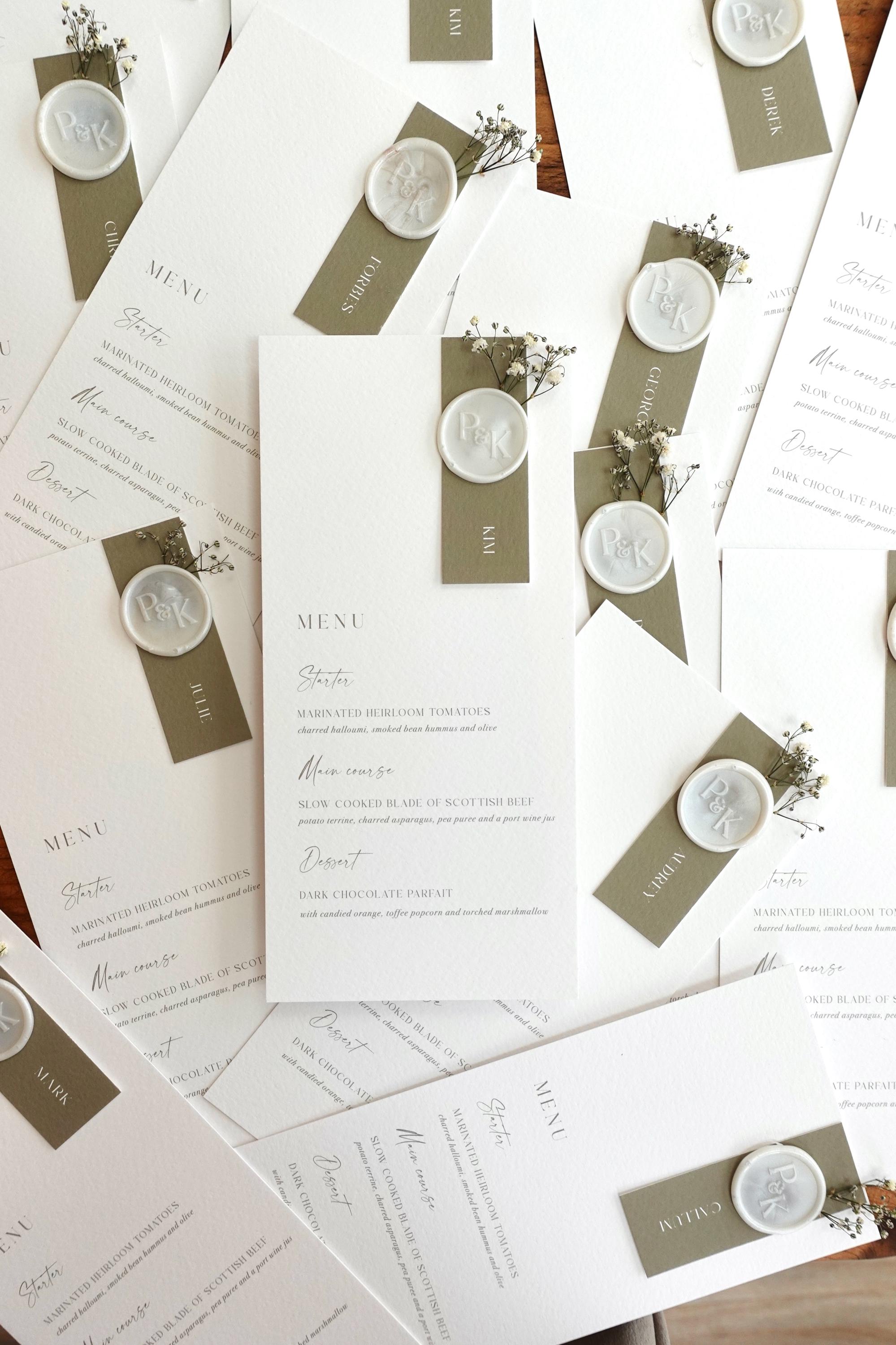 Wedding Menu and Name Cards in Sage Green With Foliage and Wax Seal ...