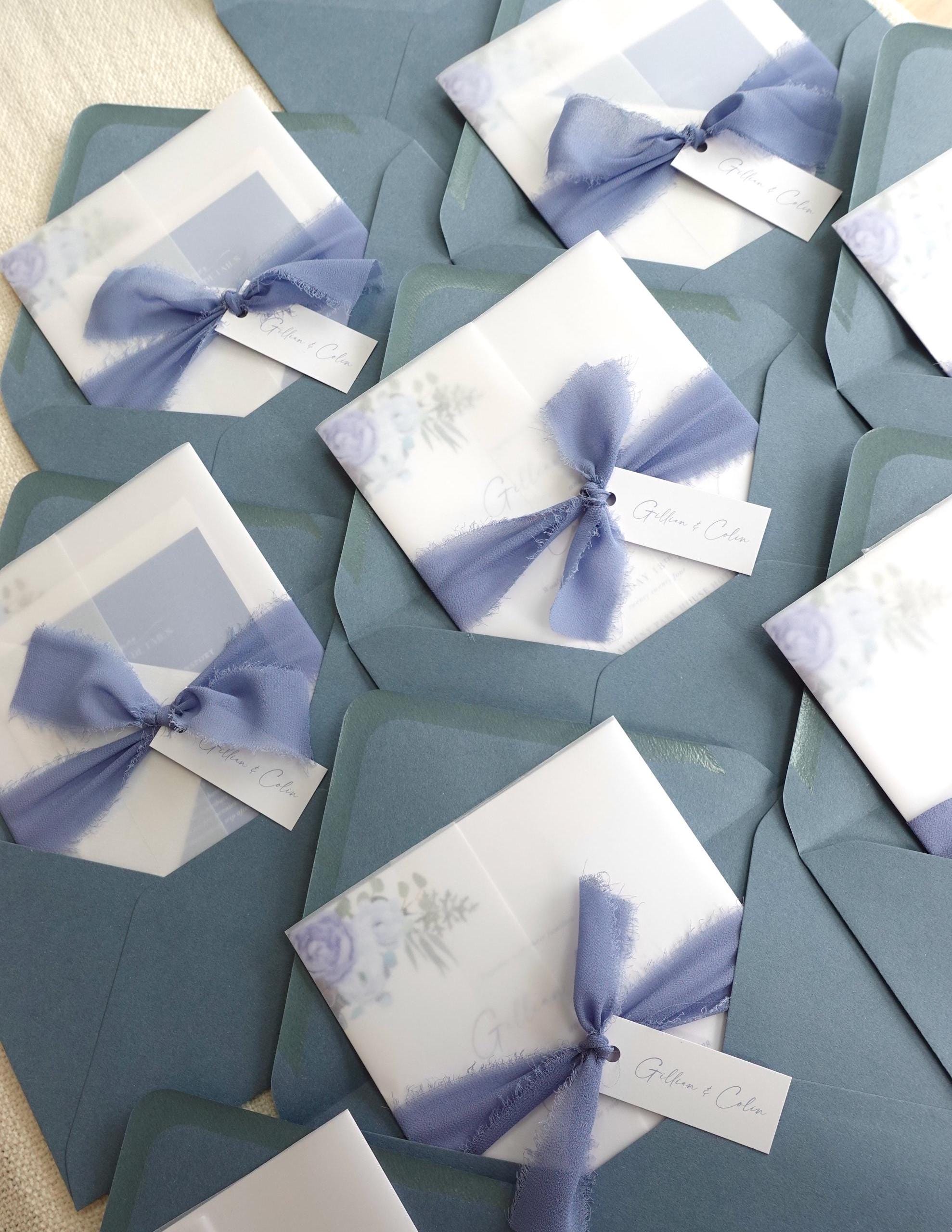 Dusty Blue Floral Wedding Invite With Details Card, Vellum Wrap, Ribbon ...