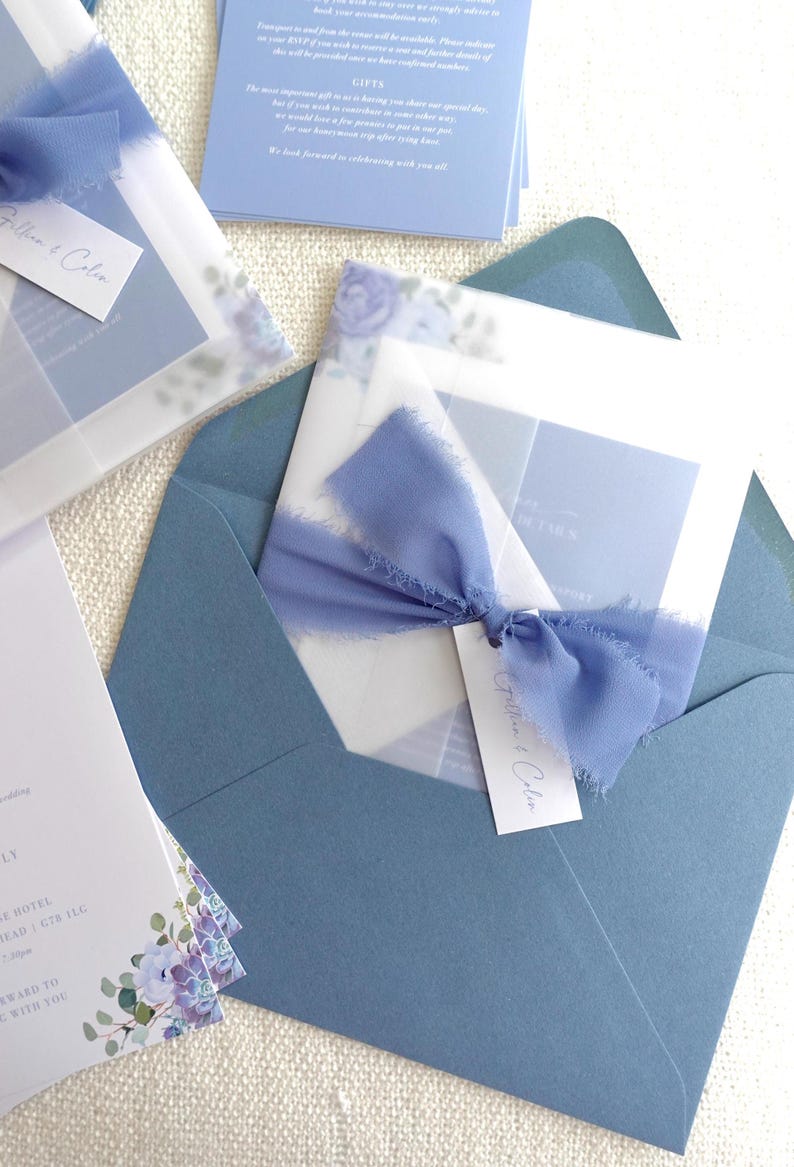 Dusty Blue Floral Wedding Invite With Details Card, Vellum Wrap, Ribbon ...