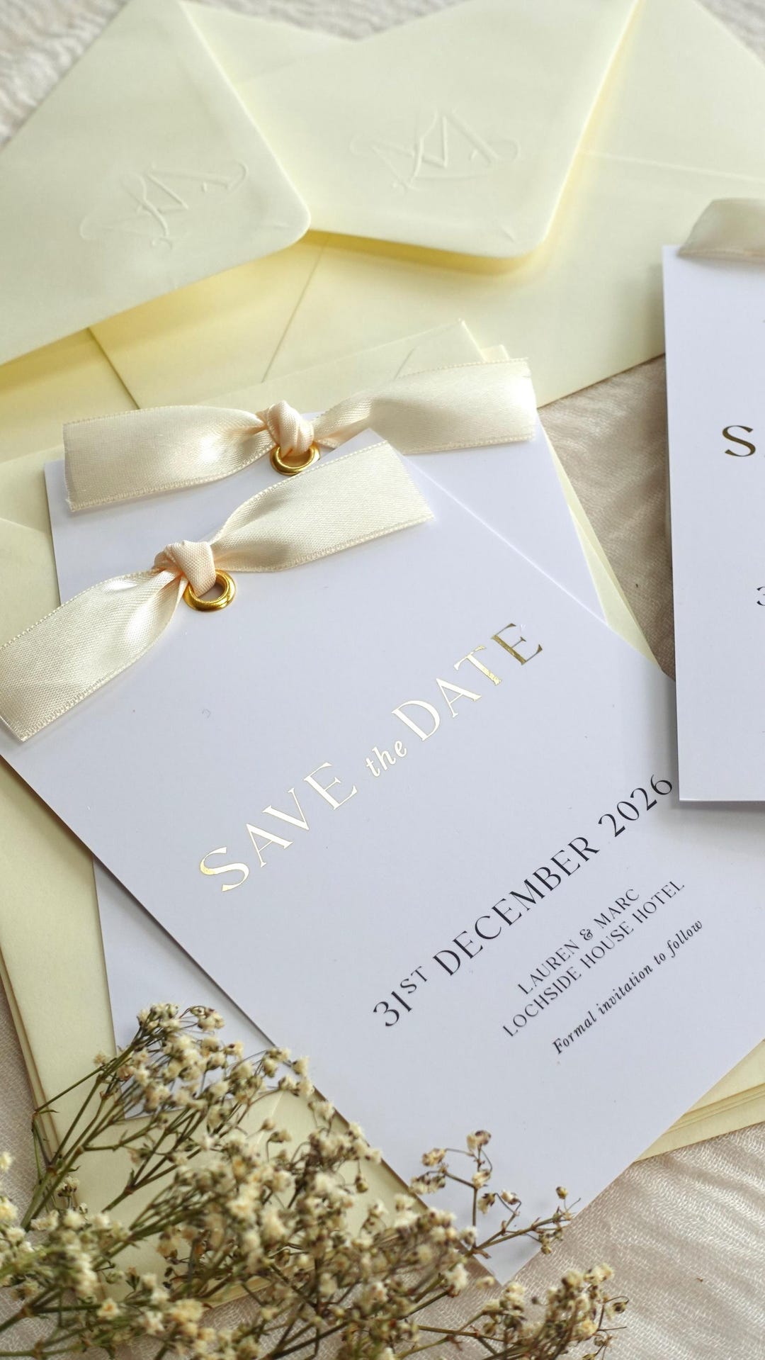 Gold Foiled A6 Save the Date Cards With Gold Eyelet Detail and Ribbon ...