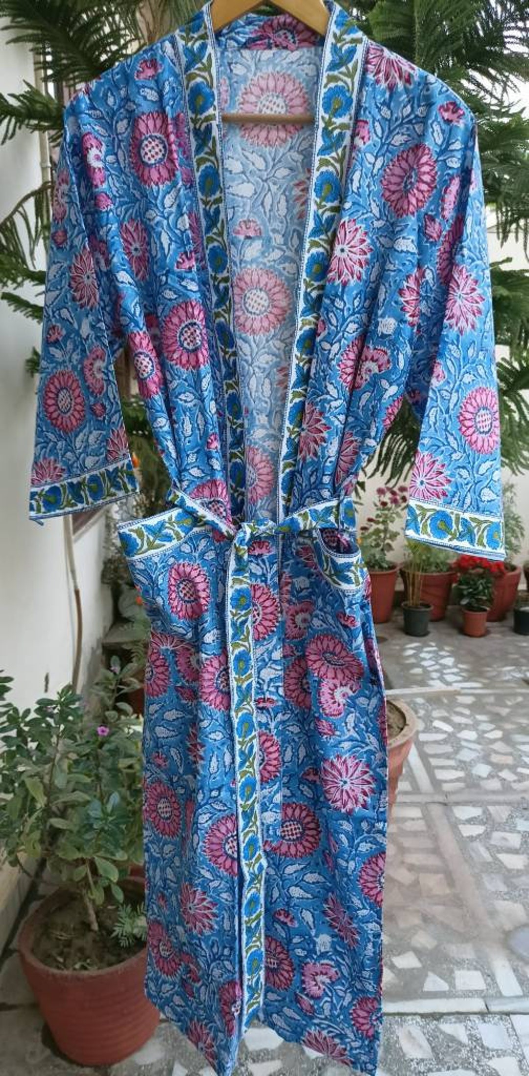 Handblock Print Cotton Robe: Floral Kimono Bathrobe - Etsy