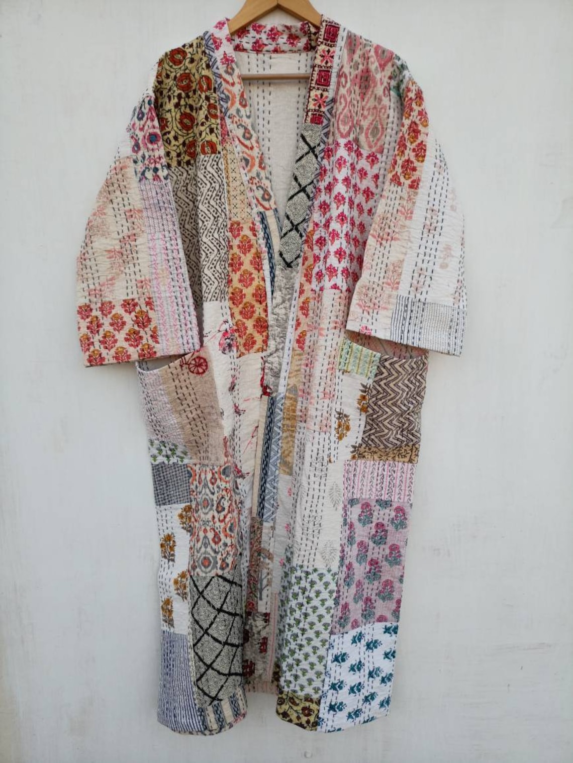 White Patchwork Kantha Robe100% Pure Cotton Indian Handmade - Etsy