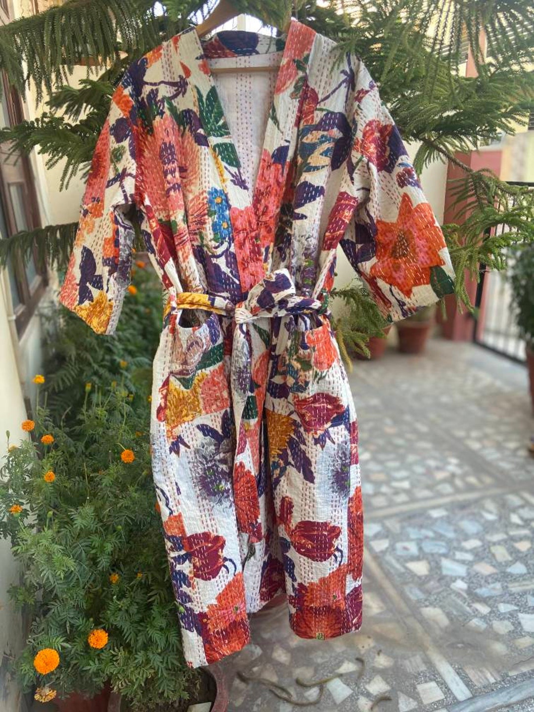 White Floral Anthro Kantha Robe,100% Pure Cotton Indian Handmade Robe ...