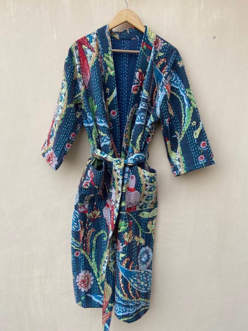 Kantha Bath Robe100% Cotton Indian Grey Peacock Handmade - Etsy