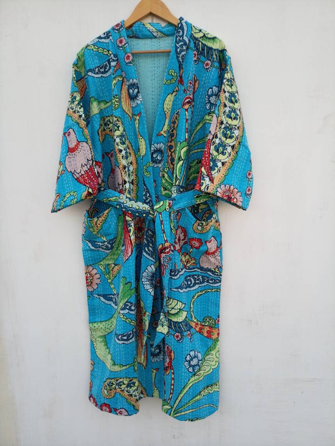 Unisex Cotton Robe,pure Cotton Bath Robe,indian Handmade Kantha Stitch ...